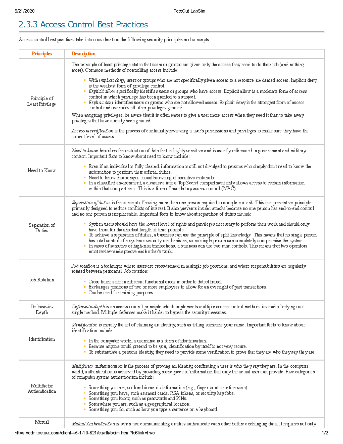 Access Control Best Practices - 6/21/2020 TestOut LabSim - Studocu