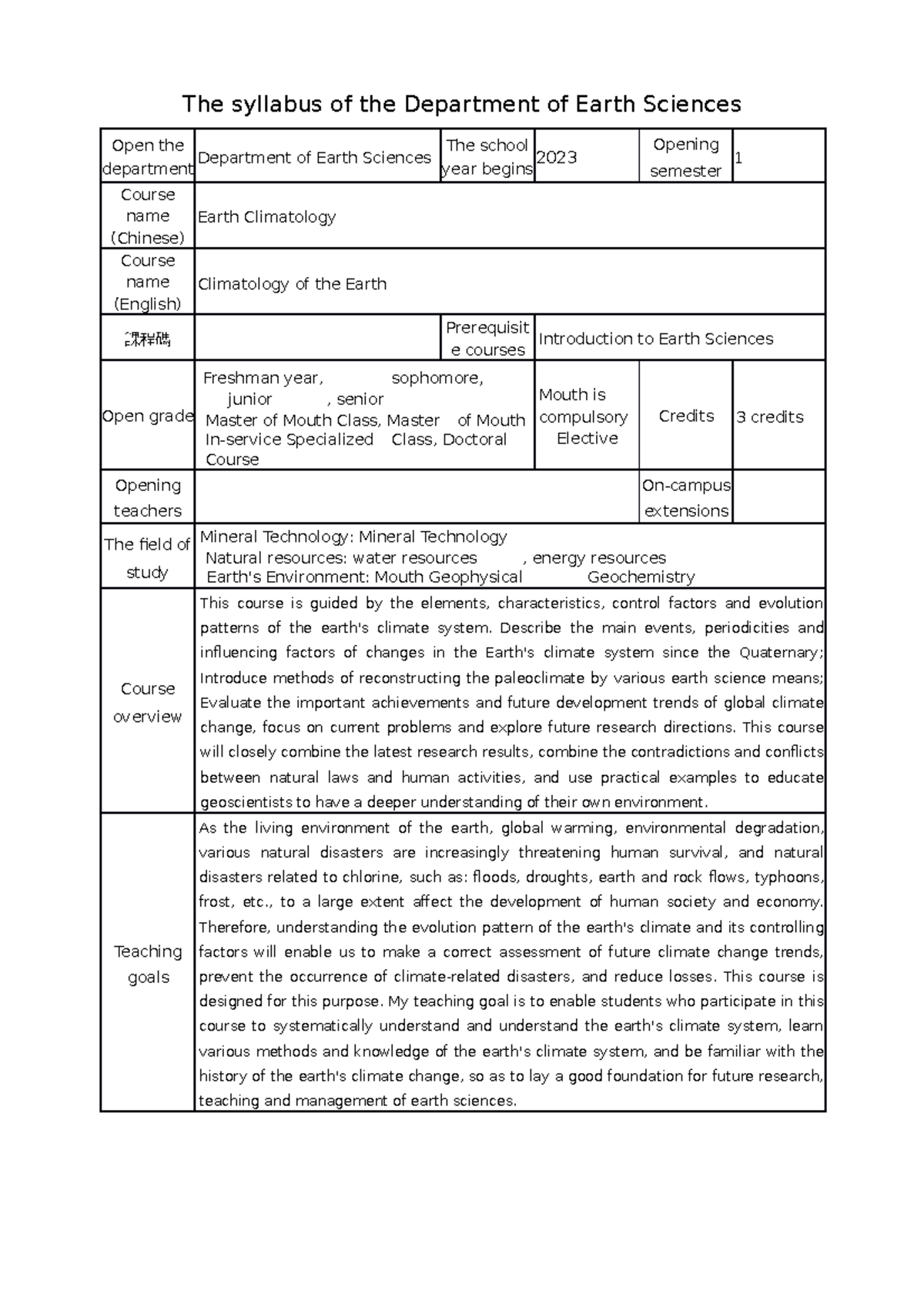 The syllabus of the Department of Earth Sciences - Describe the main ...