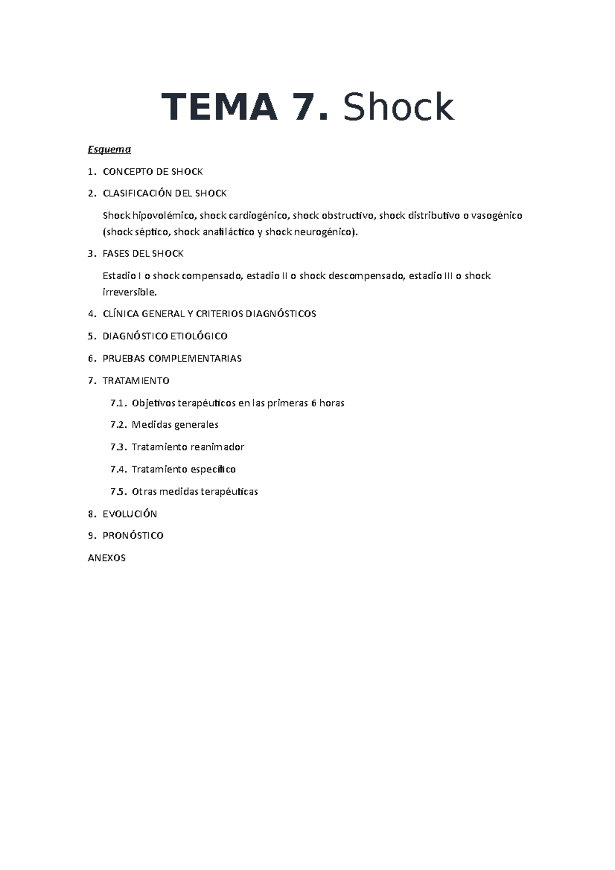 TEMA 7. Shock - Tema 7. - TEMA 7. Shock Esquema CONCEPTO DE SHOCK ...