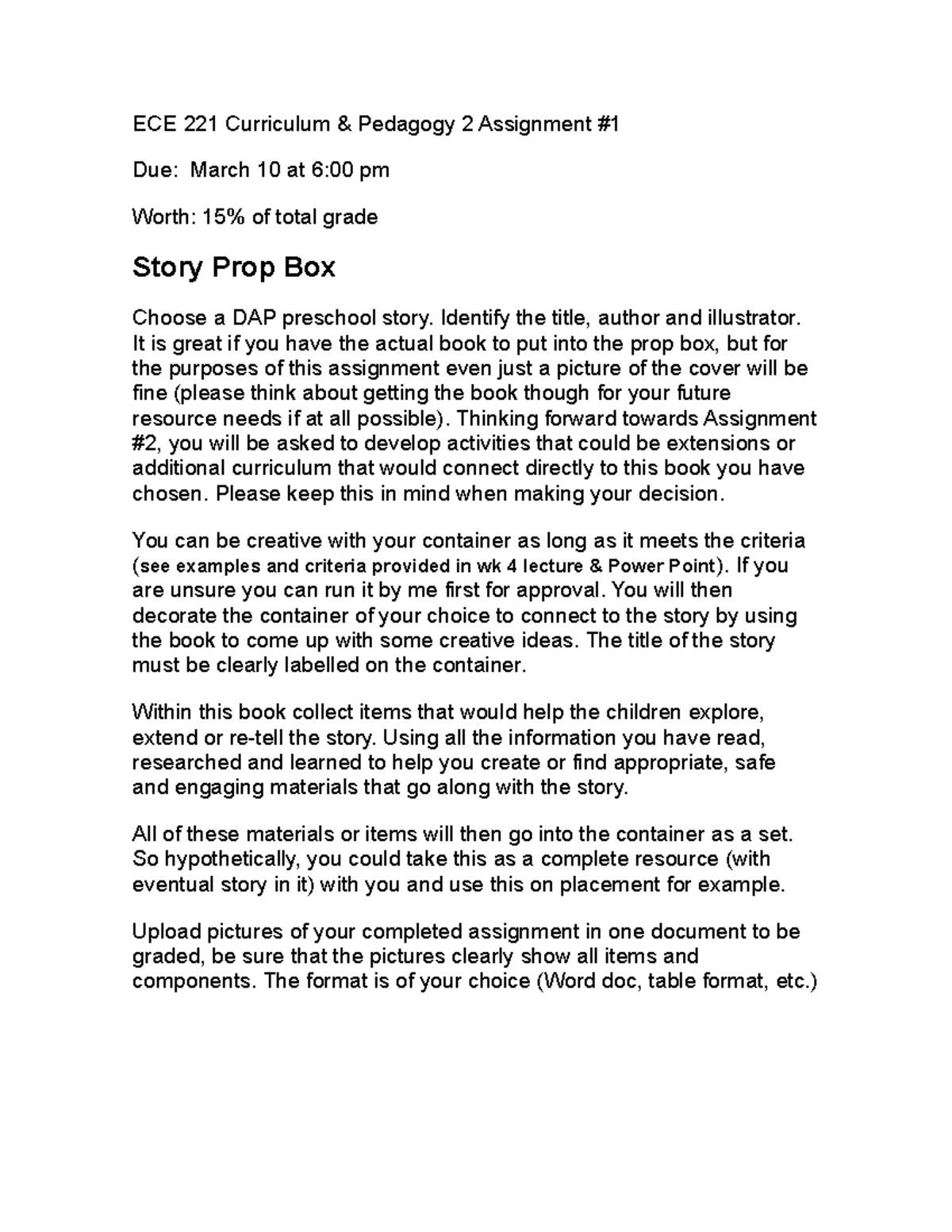 Story Prop Box Assignment - ECE 221 Curriculum & Pedagogy 2 Assignment ...