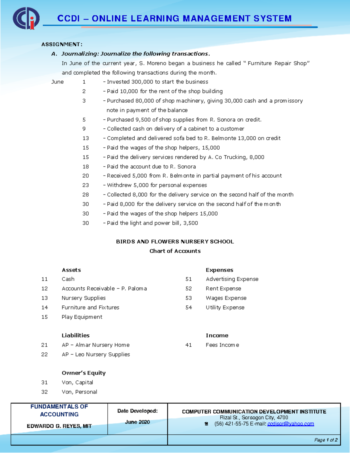 Chapter 5 - Journalizing - Assignment - CCDI – ONLINE LEARNING ...