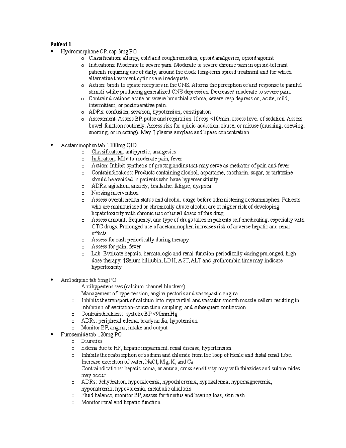 Patient 1 - notes for nursing with categories and actions of each ...
