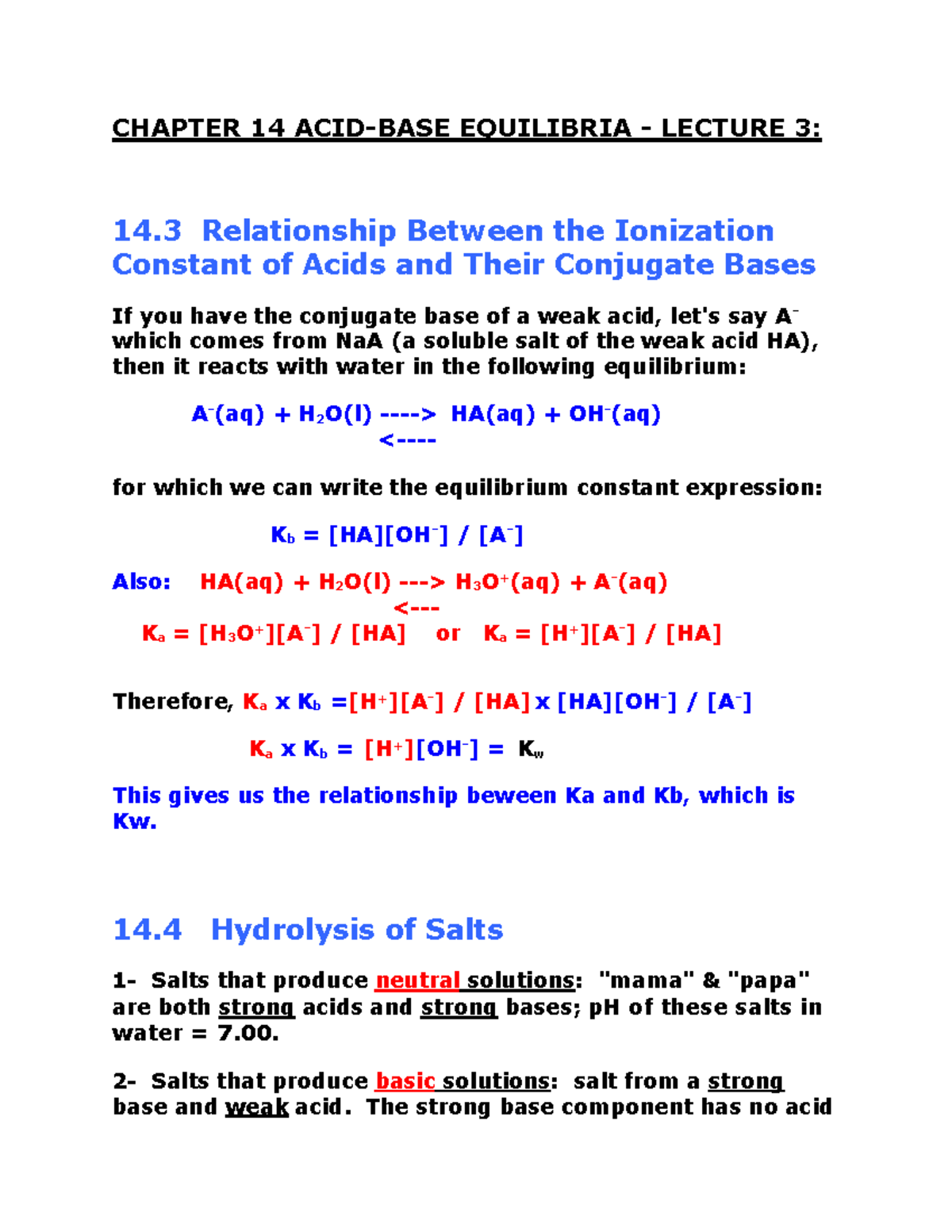 Chapter 14LEC3-ACID-BASE - Student - CHAPTER 14 ACID-BASE EQUILIBRIA - LECTURE 3: 14 ...