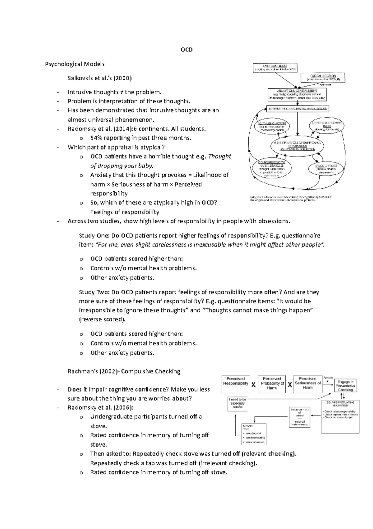 W5L2 OCD - Lecture notes 10 - OCD Psychological Models Salkovkis et al ...