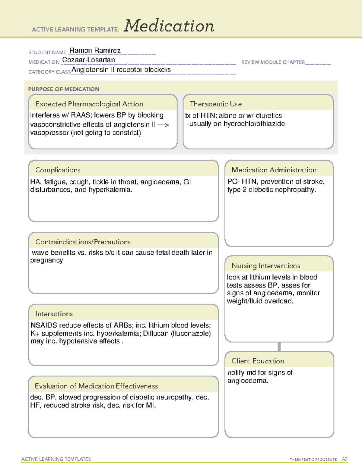 Losartan Medication Template - ACTIVE LEARNING TEMPLATES TherapeuTic ...