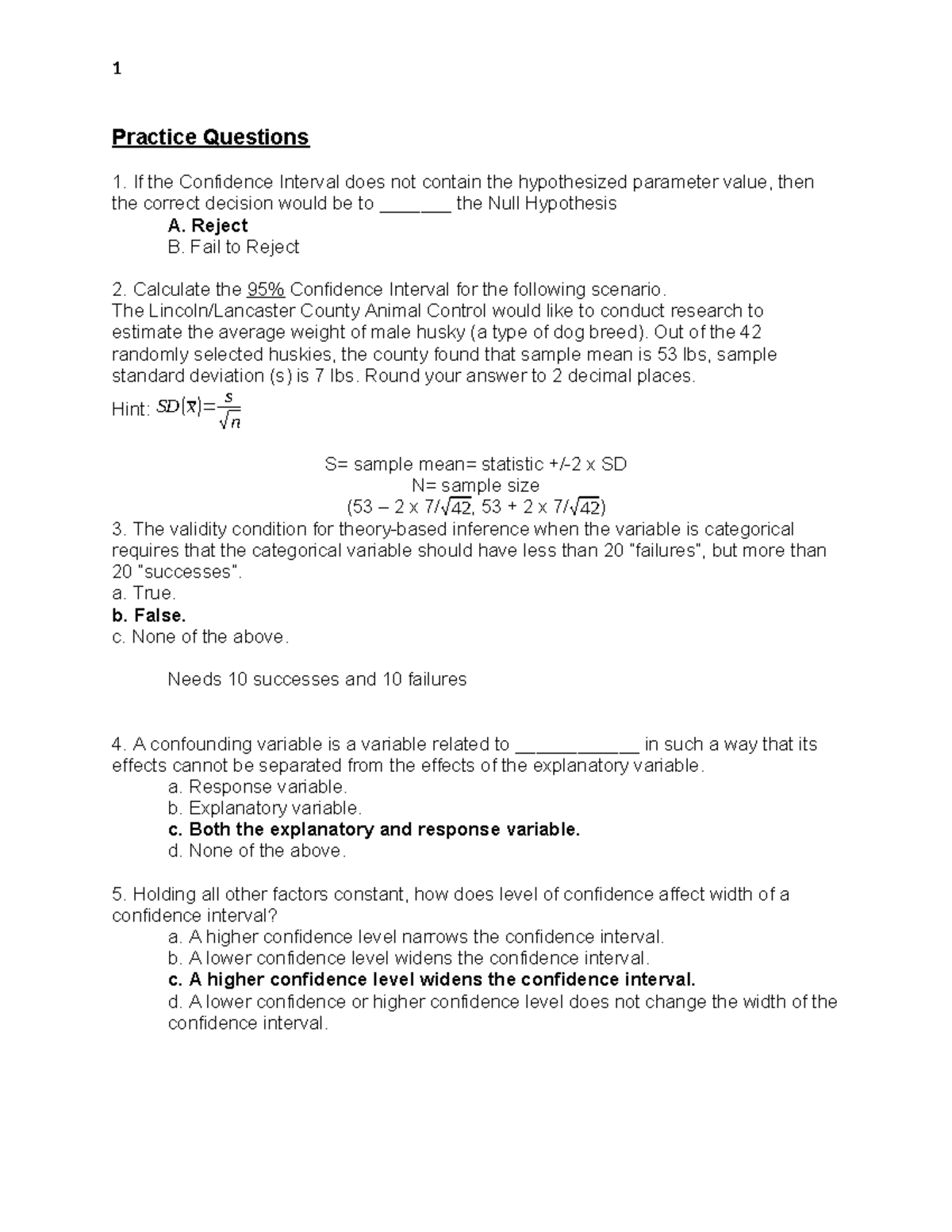 Exam 2 Practice Problems - 1 Practice Questions If the Confidence Interval does not contain the ...