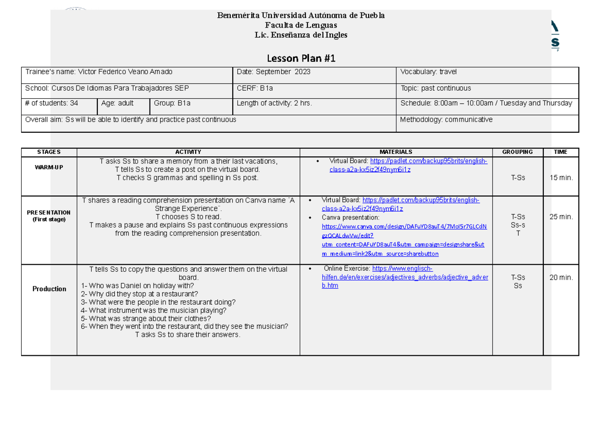 Lesson Plan B1a - Faculta de Lenguas Lic. Enseñanza del Ingles Lesson ...