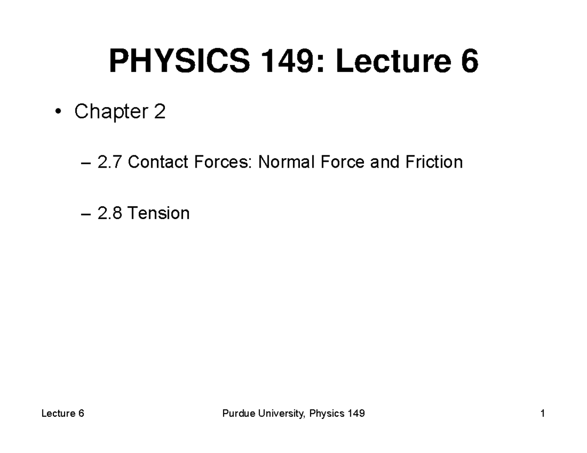 PHYSICS II LECTURE SLIDE - PHYSICS 149: Lecture 6 Chapter 2 2 Contact Forces: Normal Force and ...