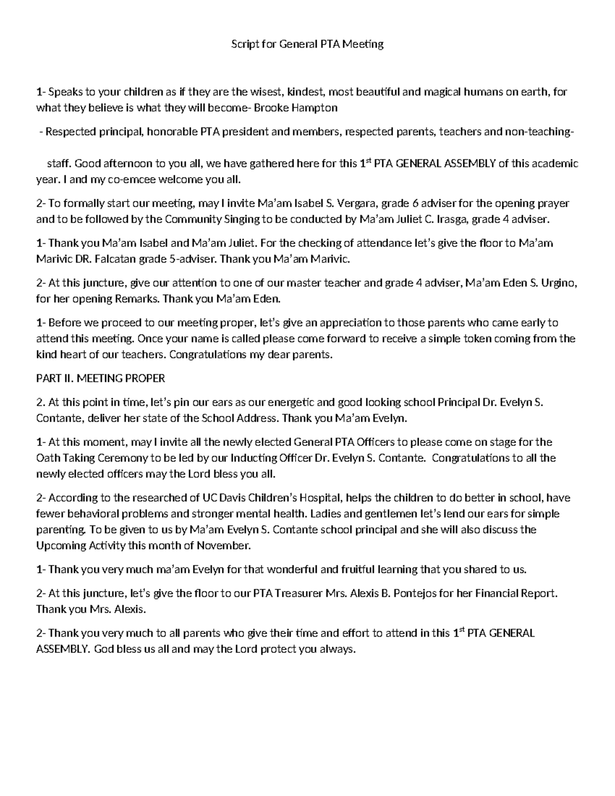 Script for General PTA Meeting - Good afternoon to you all, we have ...