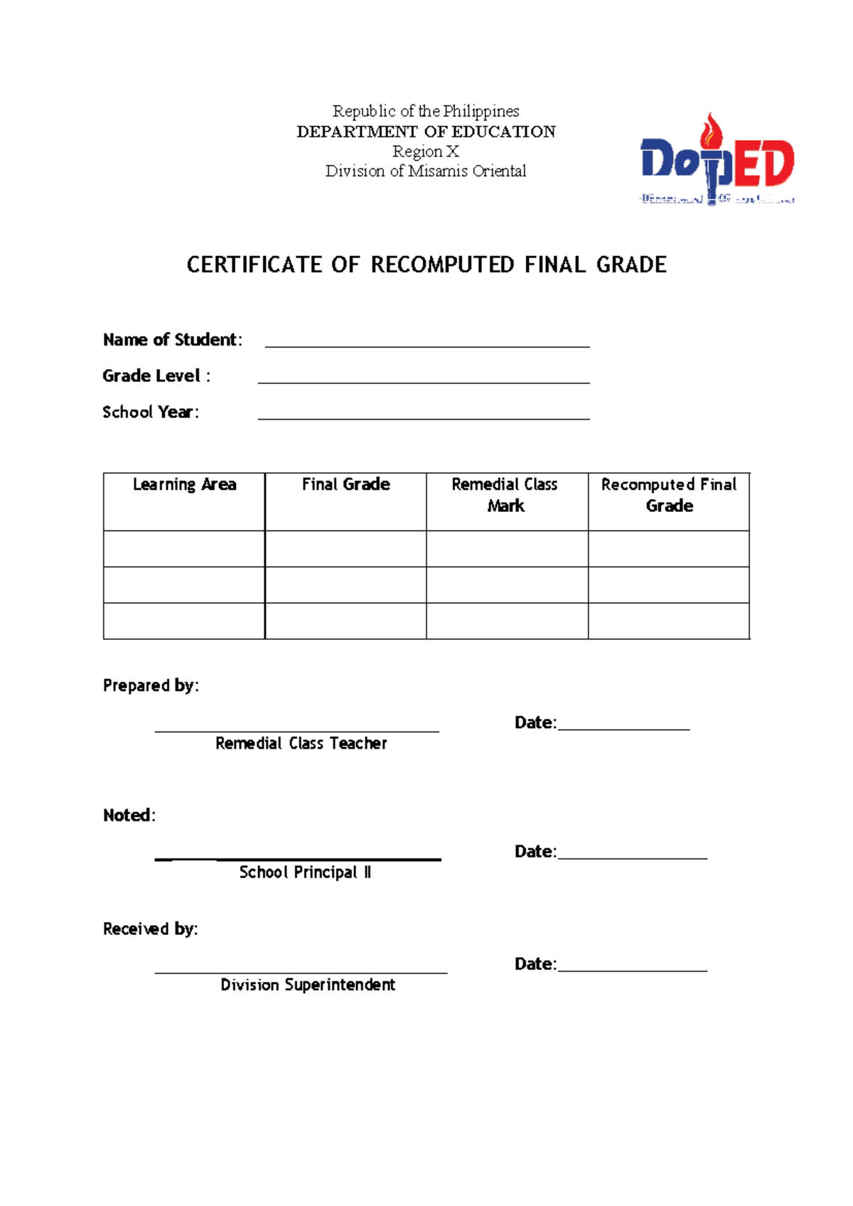 Recomputed-grades-form - English Language proficiency - Republic of the Philippines DEPARTMENT ...