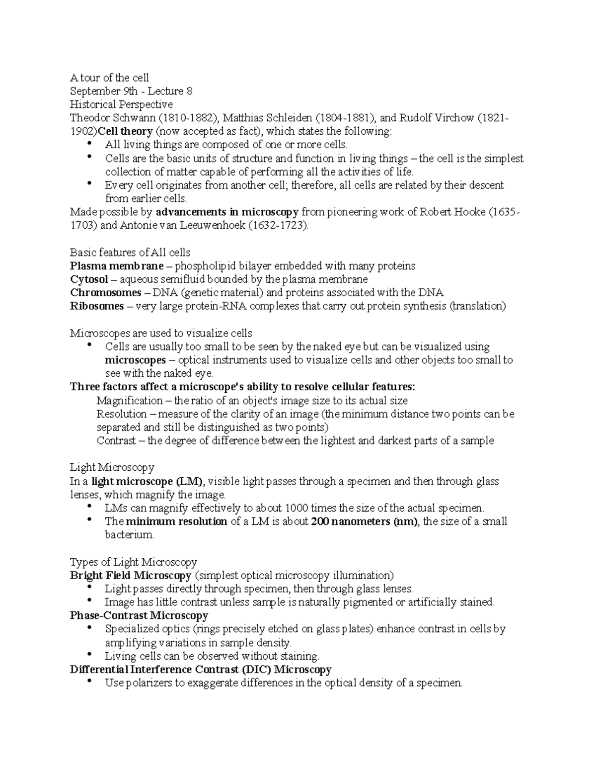 A Tour of the Cell: Structure Function and Microscopy - Studocu
