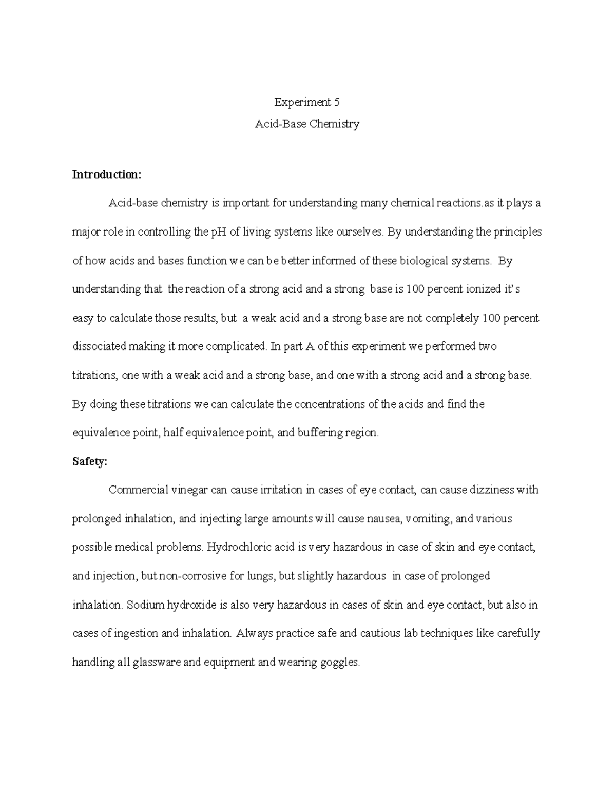 Experiment 5 - A mandatory lab report. - Experiment 5 Acid-Base ...