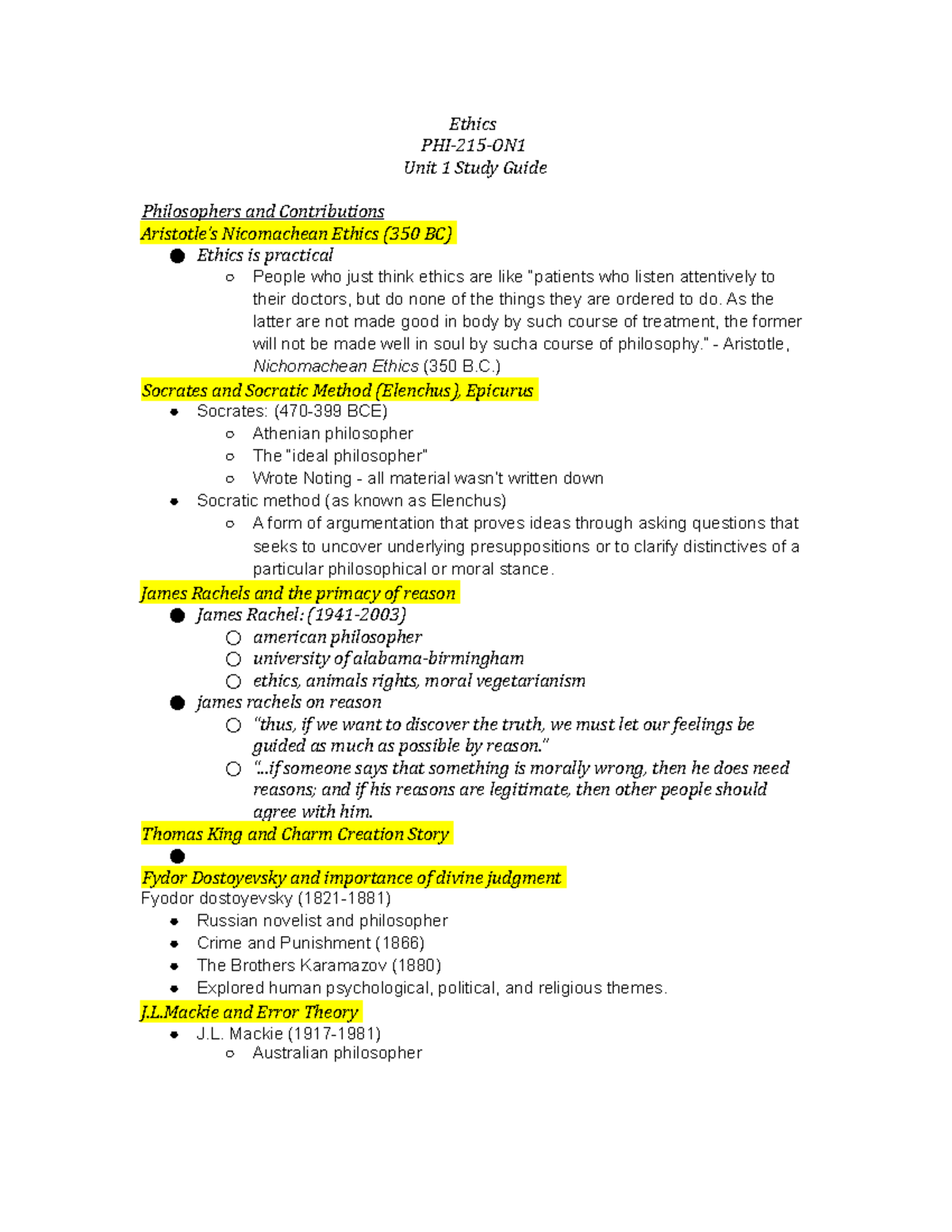 Introduction to ethics unit 1 study guide - Ethics PHI-215-ON Unit 1 ...