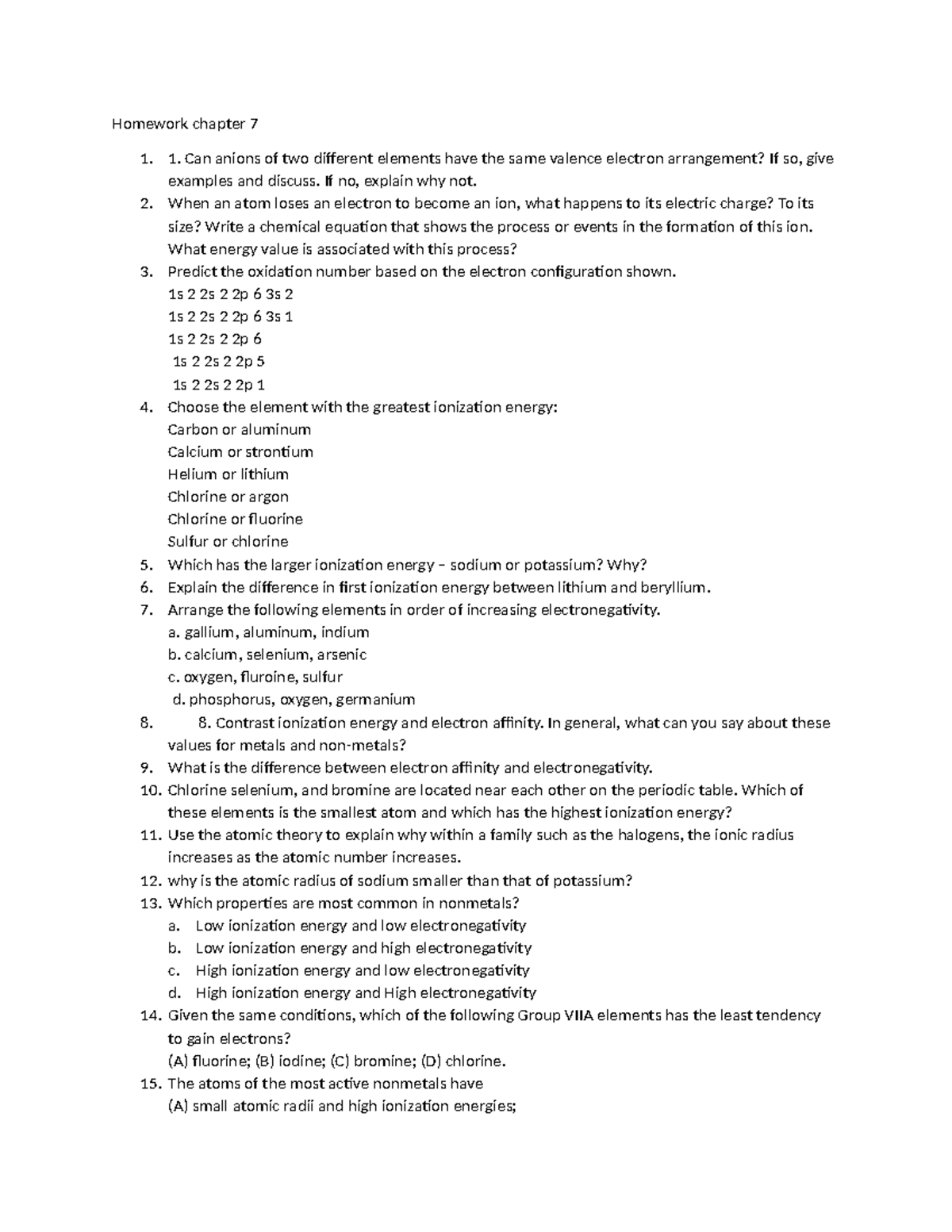 Chapter 7 Homework - Questions etc - Homework chapter 7 1. 1. Can anions of two different ...