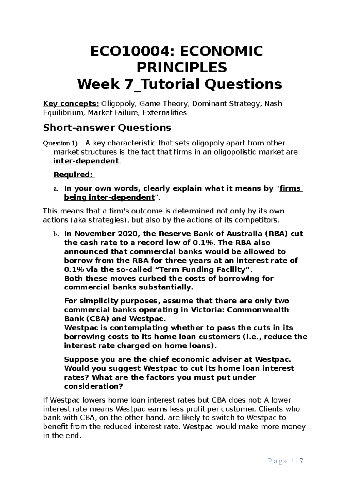Week 7 Tutorial Questions-1 - ECO10004: ECONOMIC PRINCIPLES Week 7_Tutorial Questions Key ...