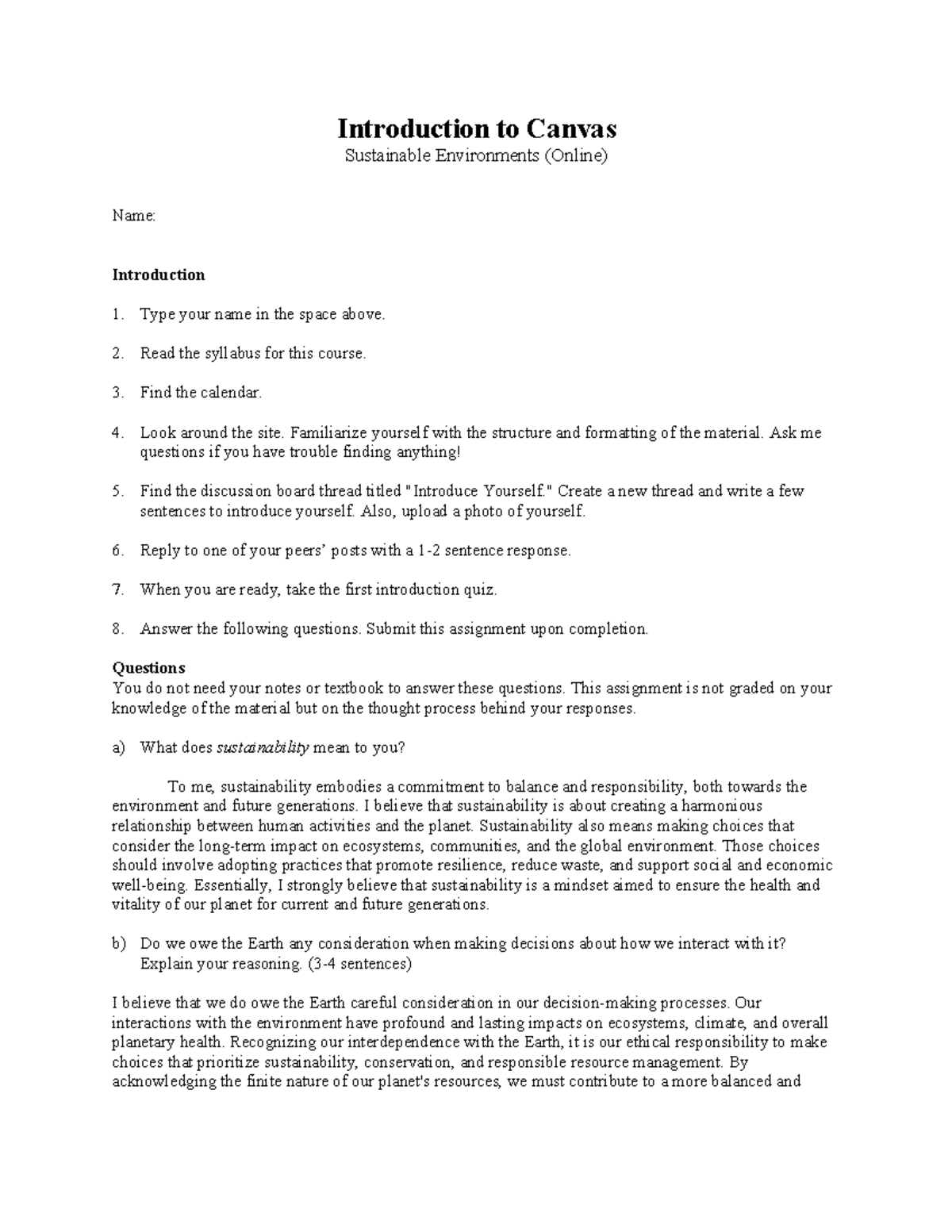 HW Intro to canvas - N/A - Introduction to Canvas Sustainable Environments (Online) Name: - Studocu