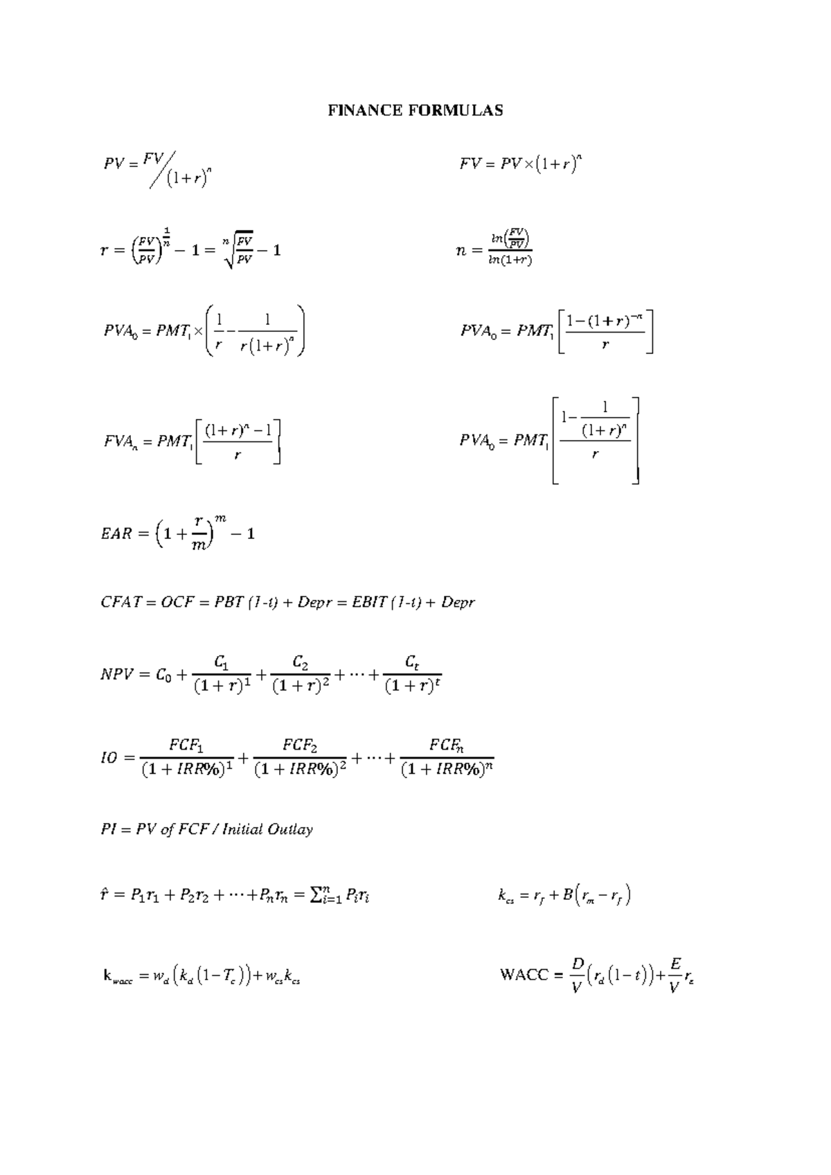 ACCT102-22S2 exam formulas v2 - FINANCE FORMULAS 1 n PV FV r 1 n FV PV ...