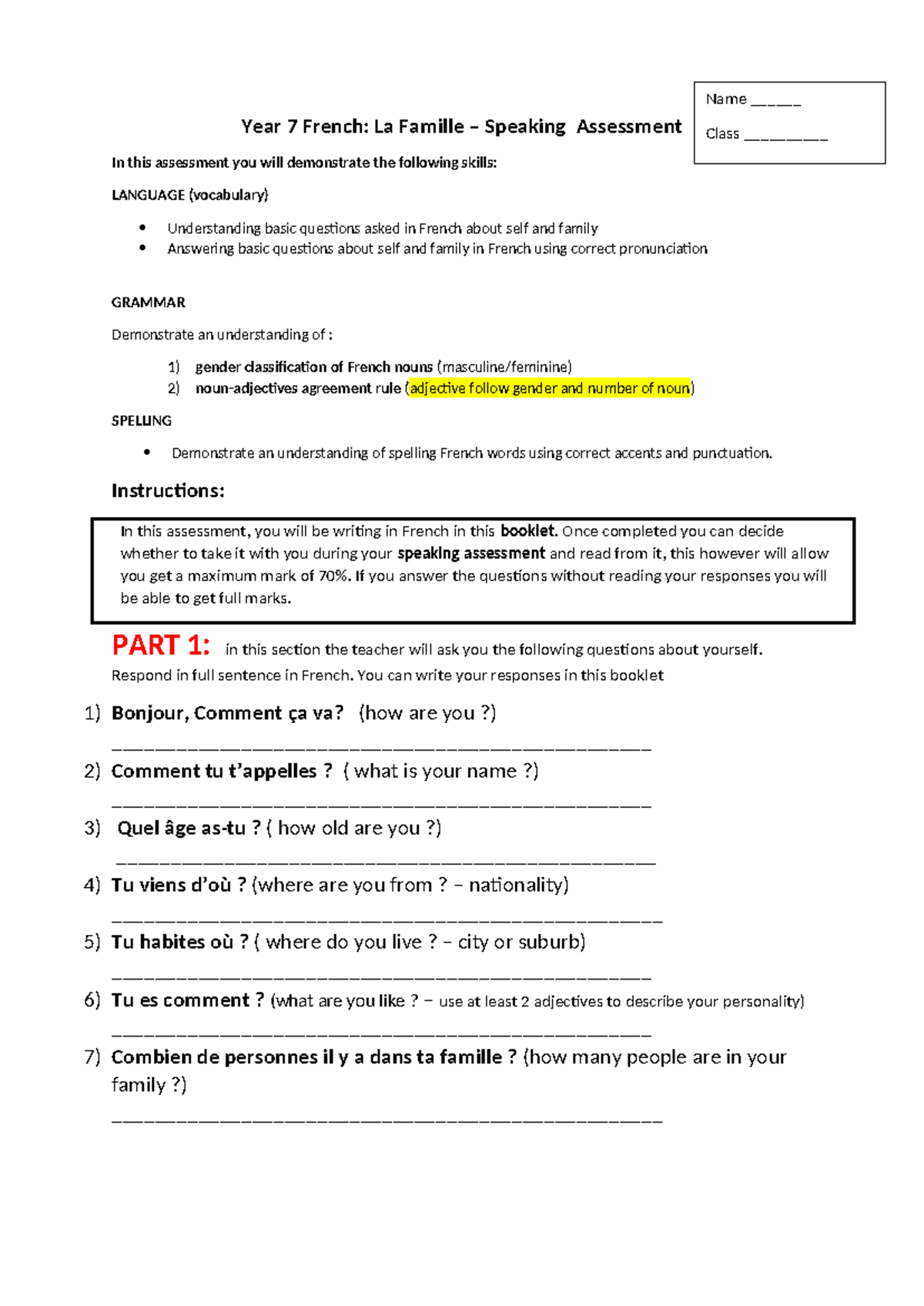 Year 29 French class - Year 7 French: La Famille – Speaking Assessment ...