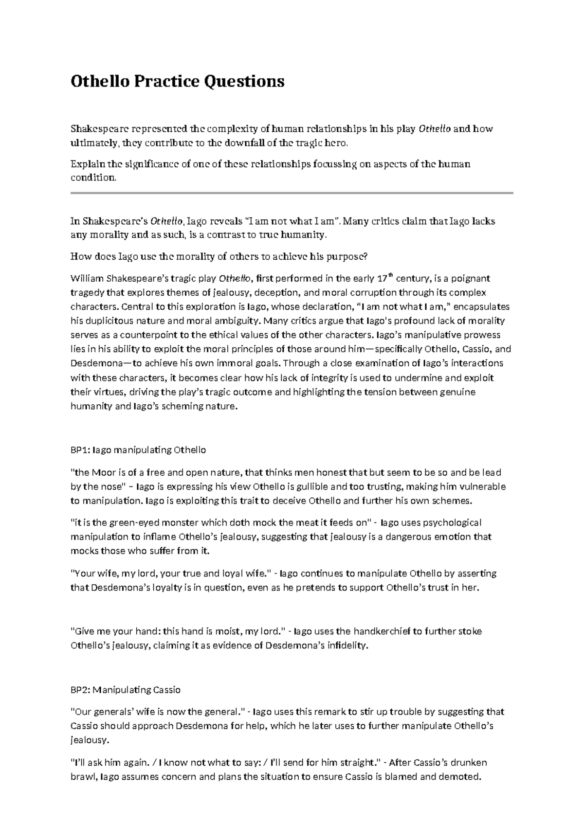 Othello Practice Questions - Othello Practice Questions Shakespeare ...