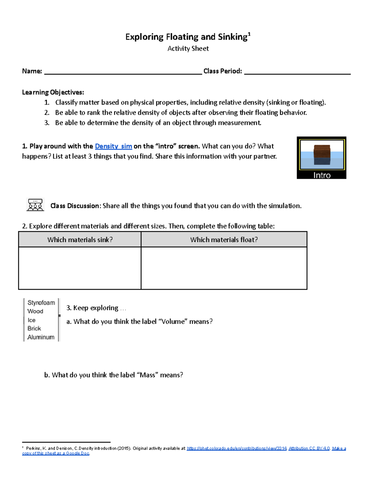 Density Activity Sheet - Exploring Floating and Sinking 1 Activity ...