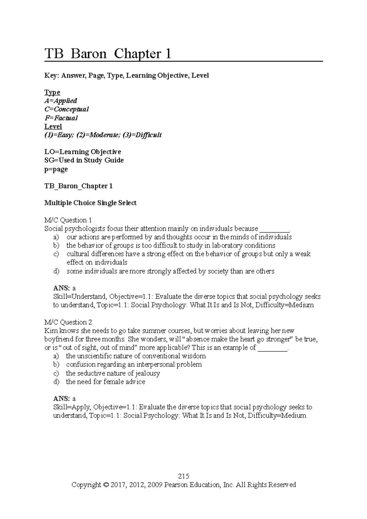 social psychology quiz - TB_Baron_Chapter 1 Key: Answer, Page, Type ...
