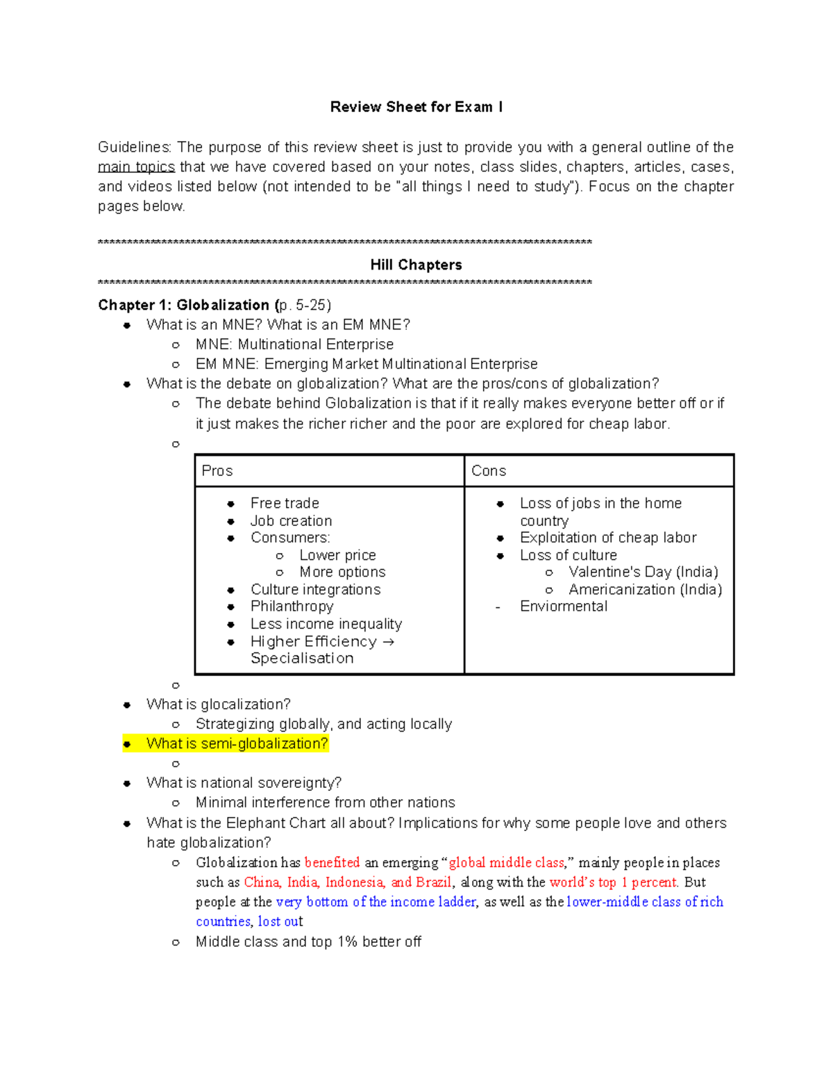 Exam 1 Study Guide - Review Sheet for Exam I Guidelines: The purpose of ...