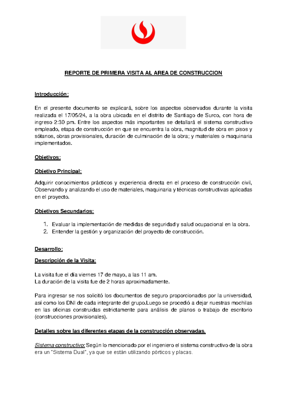 Reporte DE Visita - Informacion util para desarrollo del TF - REPORTE ...