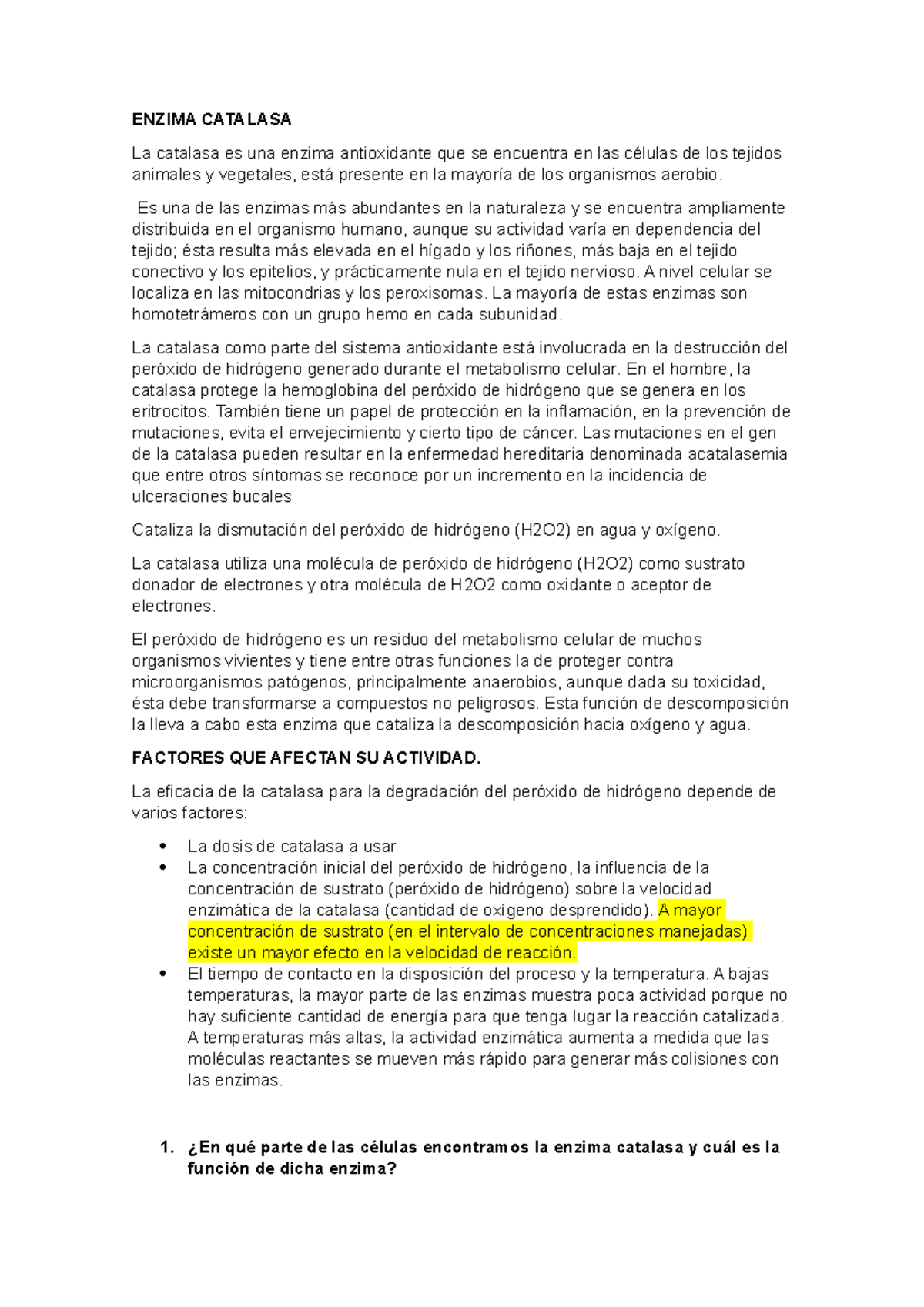 Enzima Catalasa - ENZIMA CATALASA La catalasa es una enzima ...