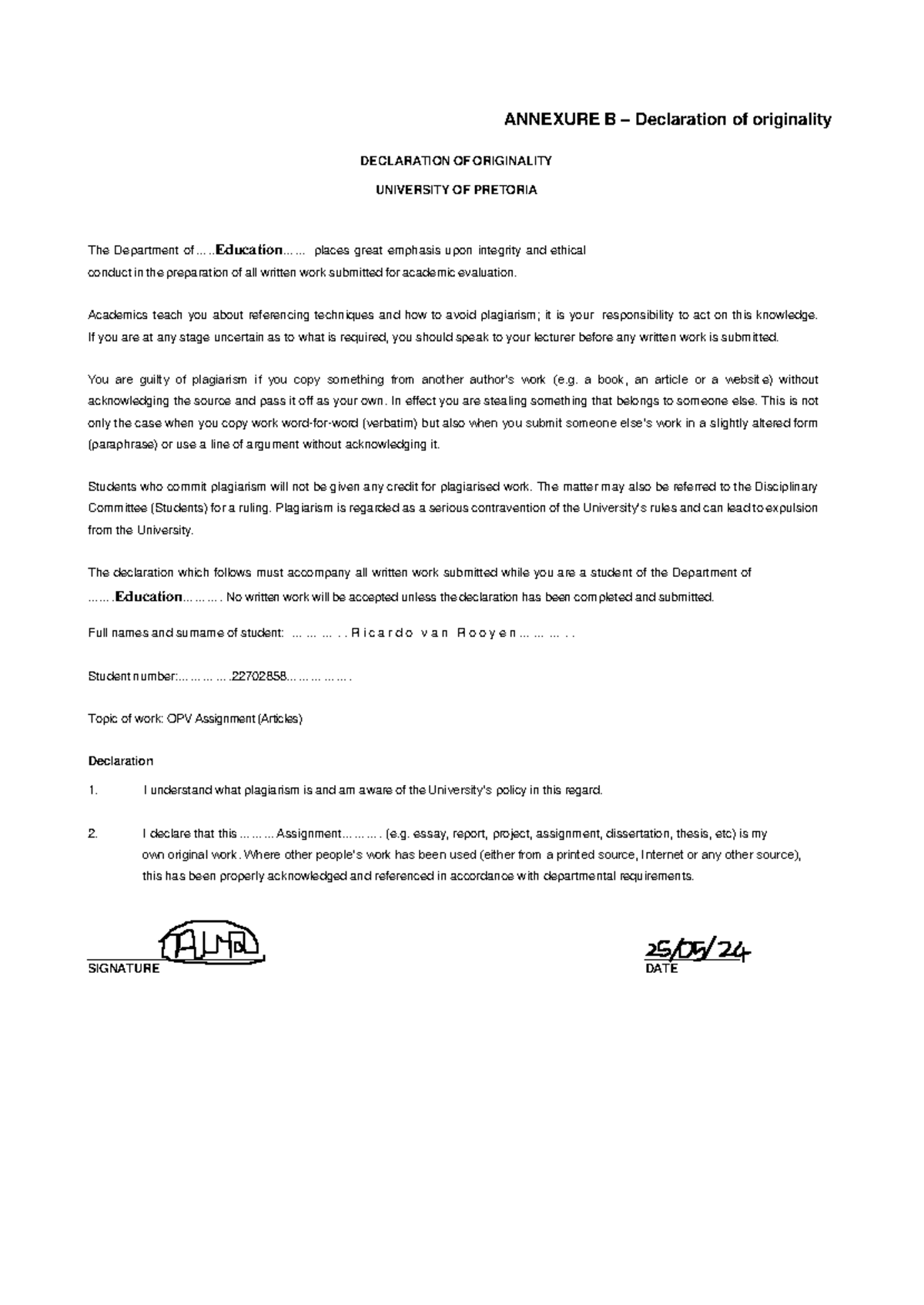 Declaration 1 - ... - ANNEXURE B – Declaration of originality ...