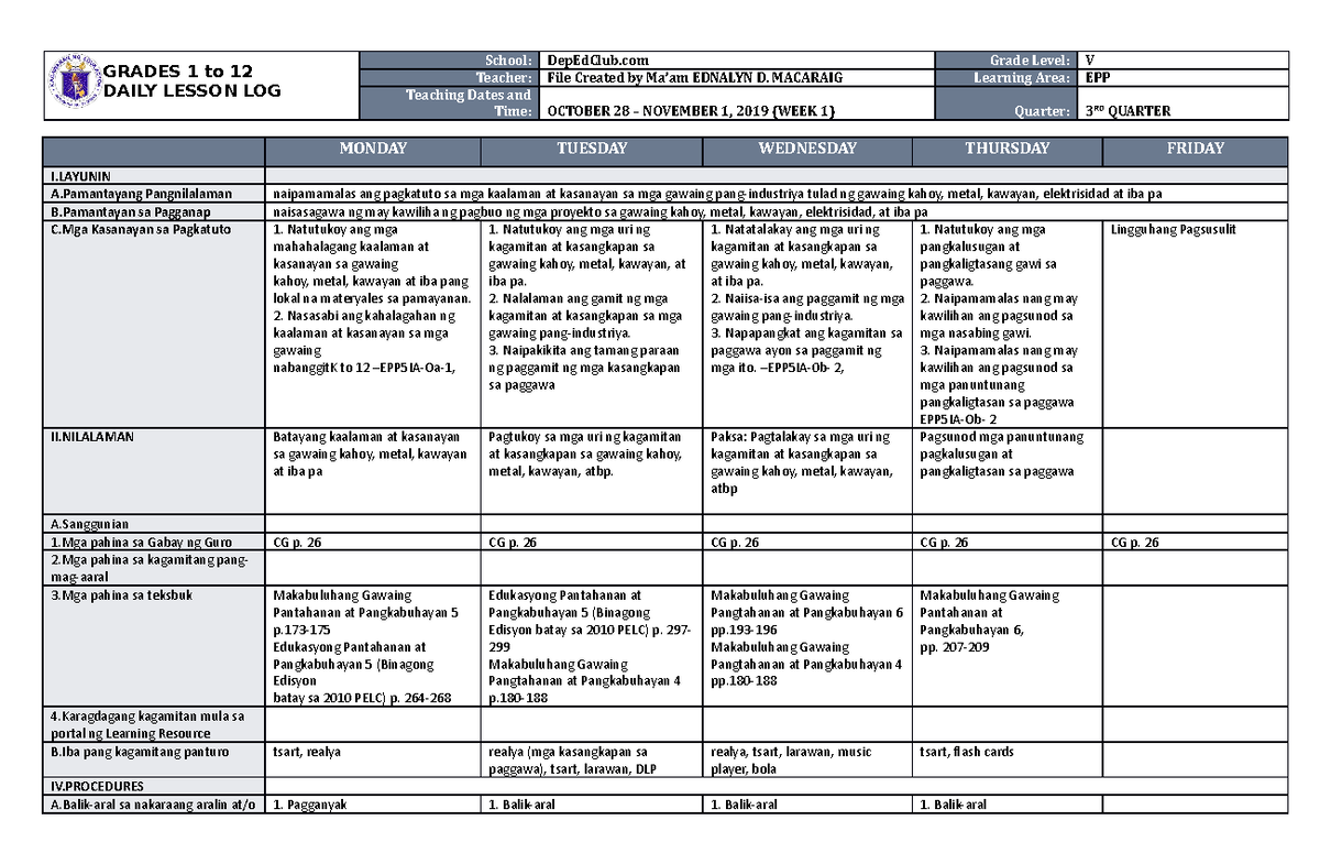 DLL EPP 5 Q3 W1 - Use it - GRADES 1 to 12 DAILY LESSON LOG School ...