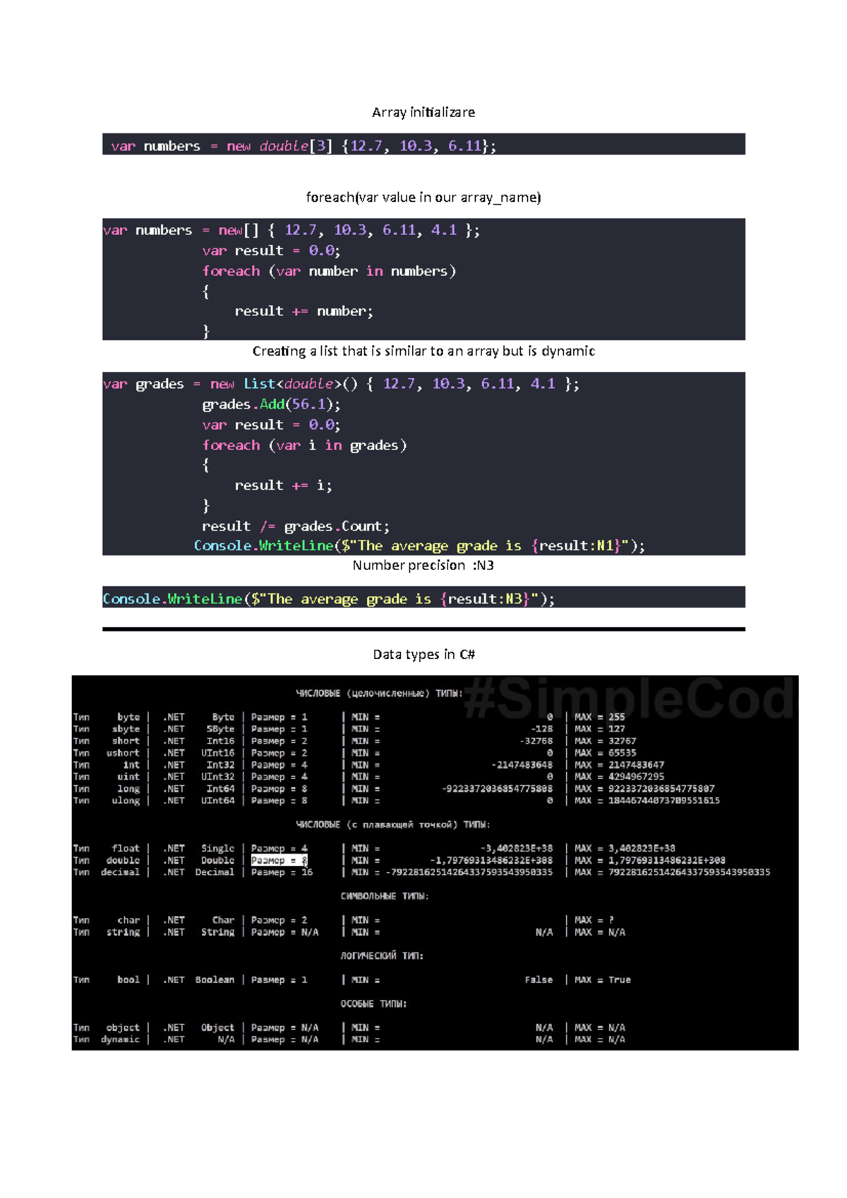 C# - C# programe - Array initializare var numbers = new double[ 3 ] {12 ...
