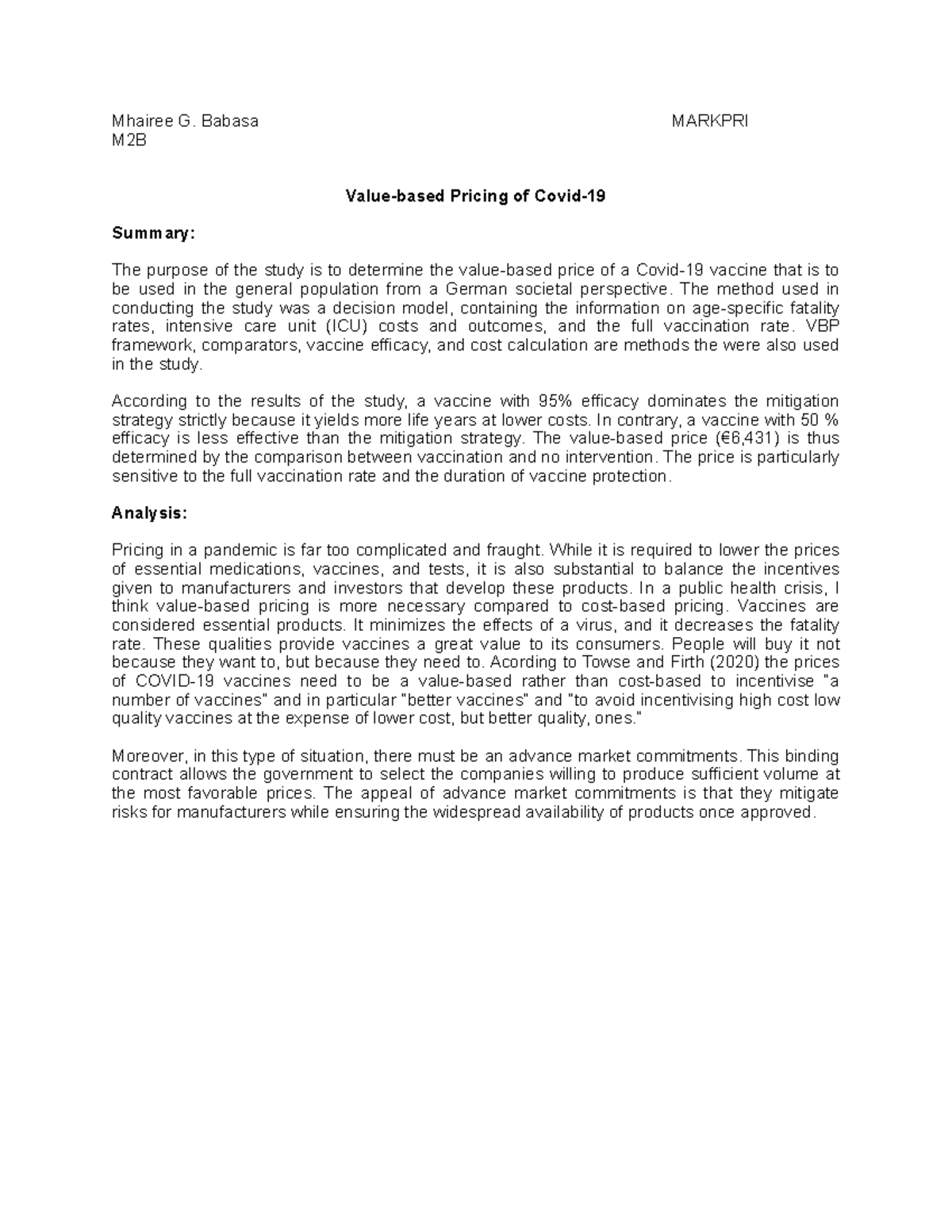 Babasa Assignment 1 Markpri - Mhairee G. Babasa MARKPRI M2B Value-based ...