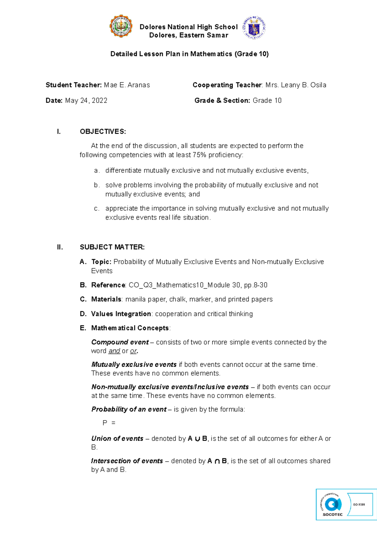 Grade 10 Probability Auto Recovered - Dolores, Eastern Samar Detailed ...