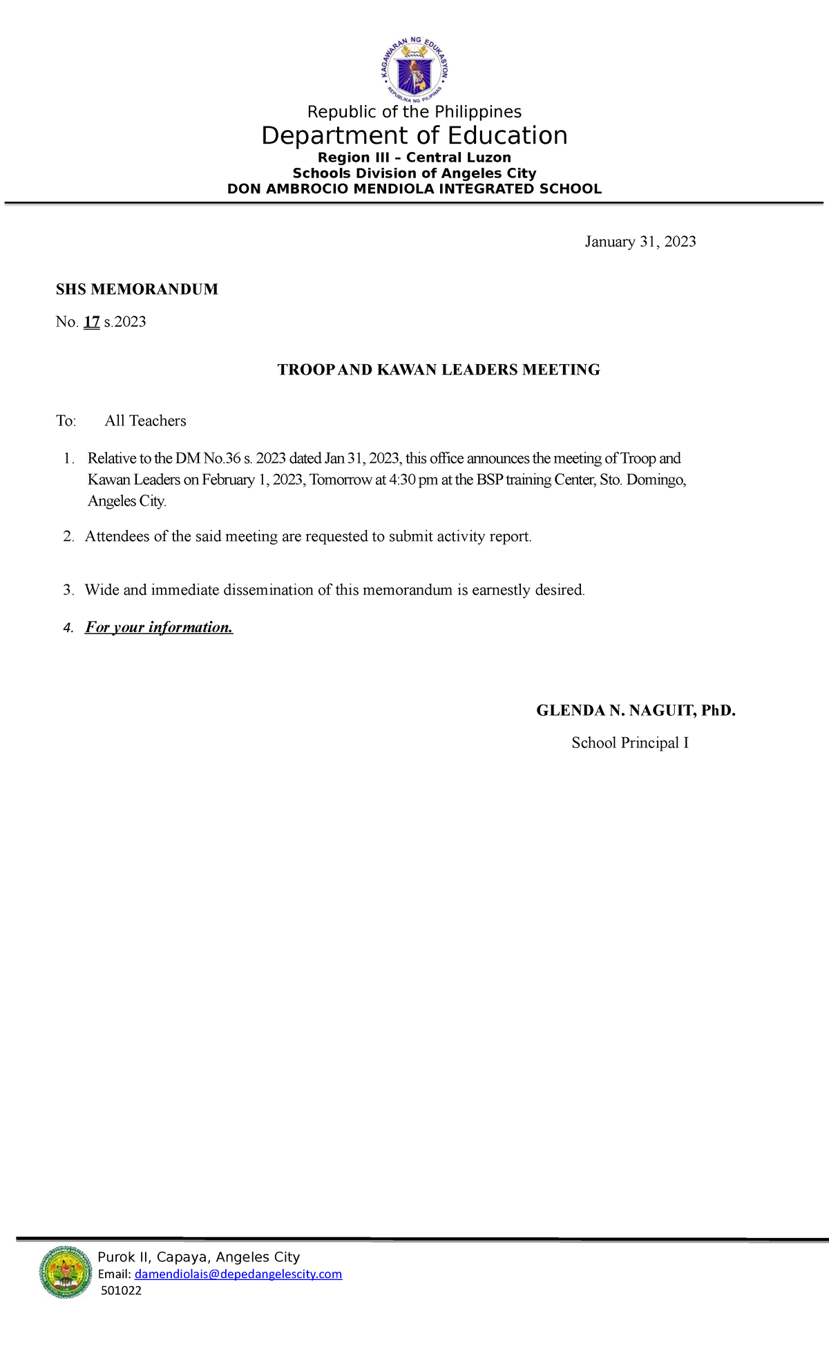 School-Memo 17. s2023- Troop AND Kawan Leaders Meeting docx - Republic ...