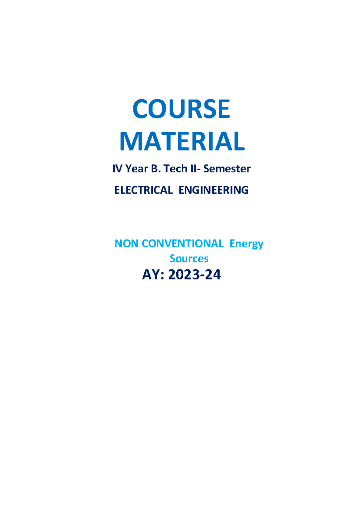 Non Renewable Energy Sources pdf - COURSE MATERIAL IV Year B. Tech II- Semester ELECTRICAL - Studocu