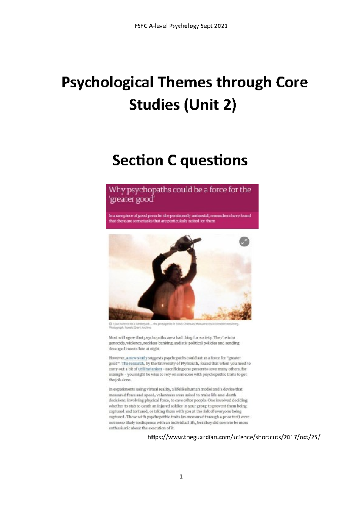 Unit 2 Section C questions PACK Sept 2021 ver - FSFC A-level Psychology Sept 2021 Psychological ...