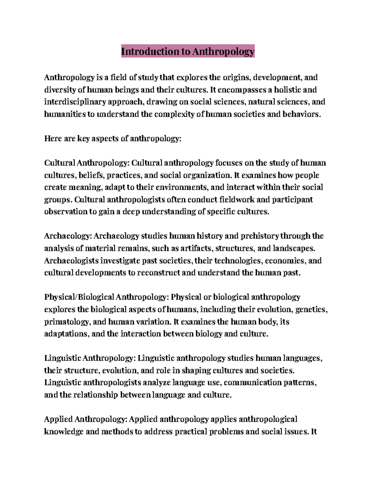 Anthropology intro - Introduction to Anthropology Anthropology is a ...