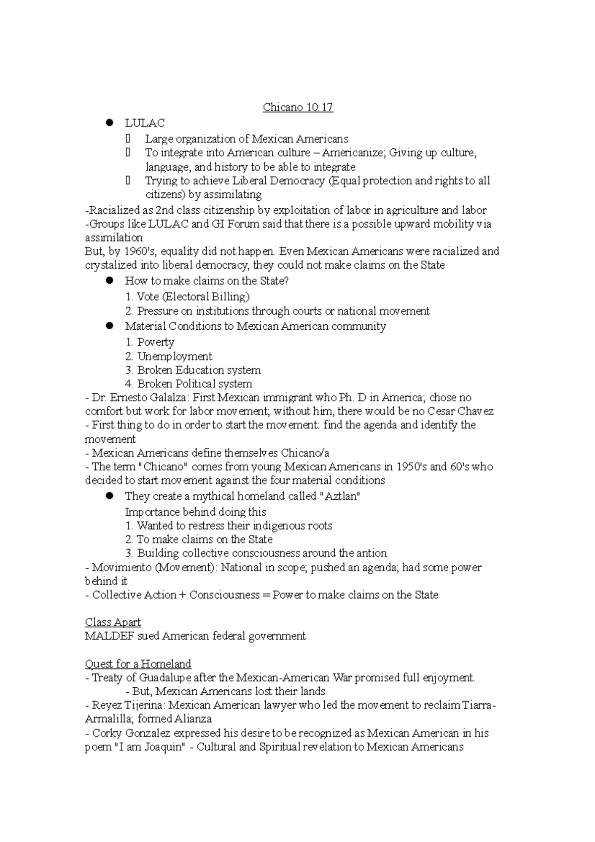 Lecture note to Chicano 101 - Chicano 10 LULAC Large organization of ...