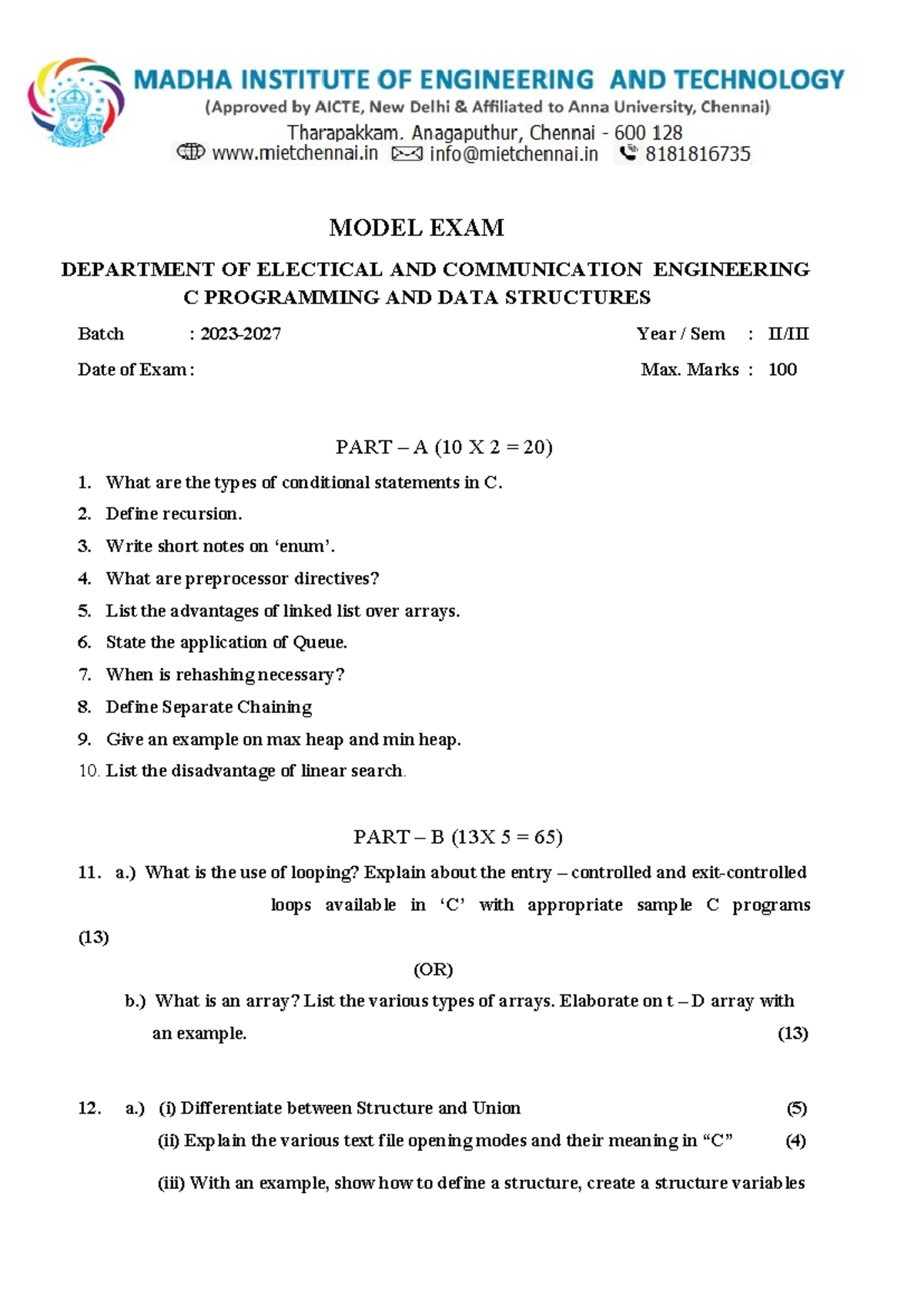 Model Question Paper- ECE - MODEL EXAM DEPARTMENT OF ELECTICAL AND ...