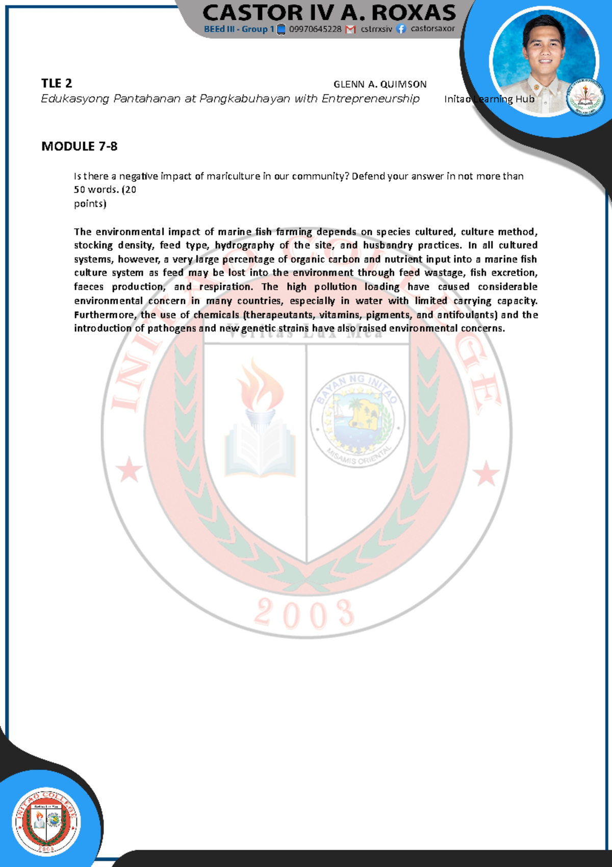 TLE 2- M7-8 - Roxas, C4 - BEED 3 G1 - TLE 2 GLENN A. QUIMSON Edukasyong Pantahanan at ...