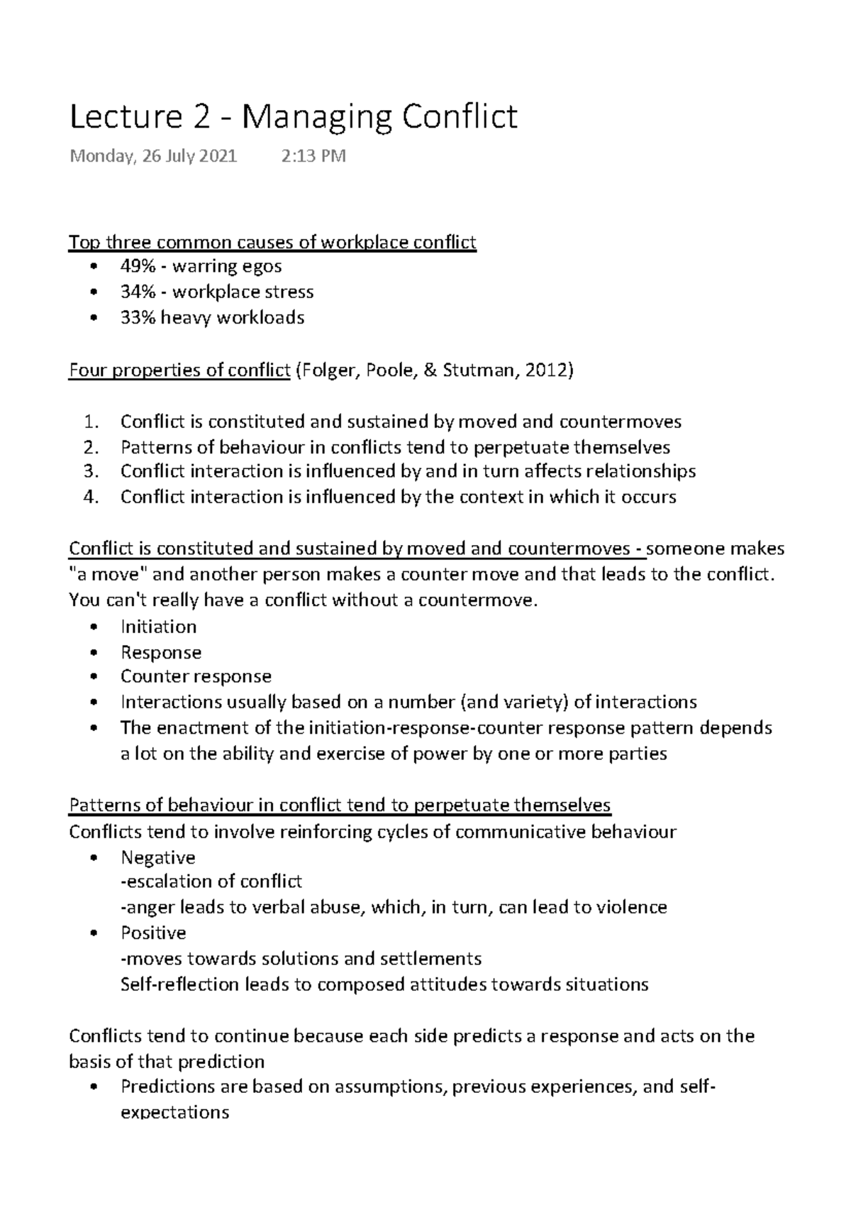 Lecture 2 - Managing Conflict - Top three common causes of workplace ...