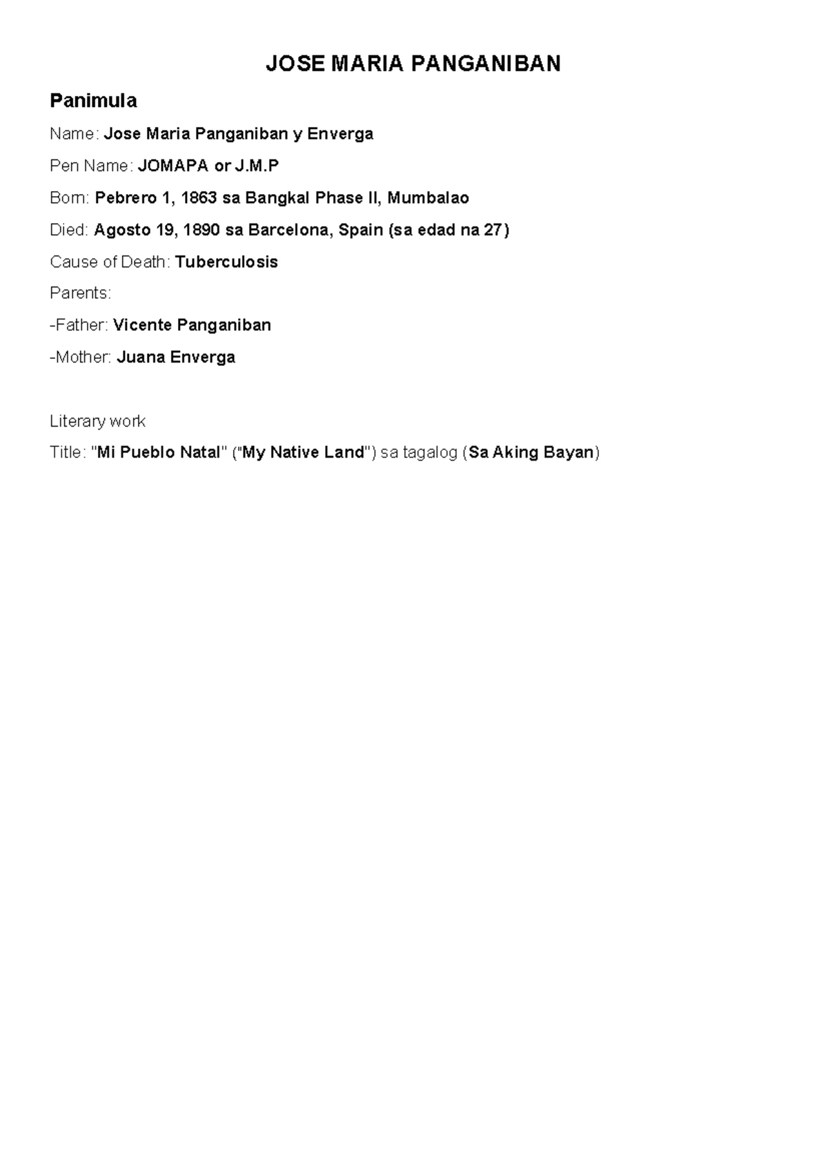 an introduction of jose maria panganiban - General Education - JOSE ...