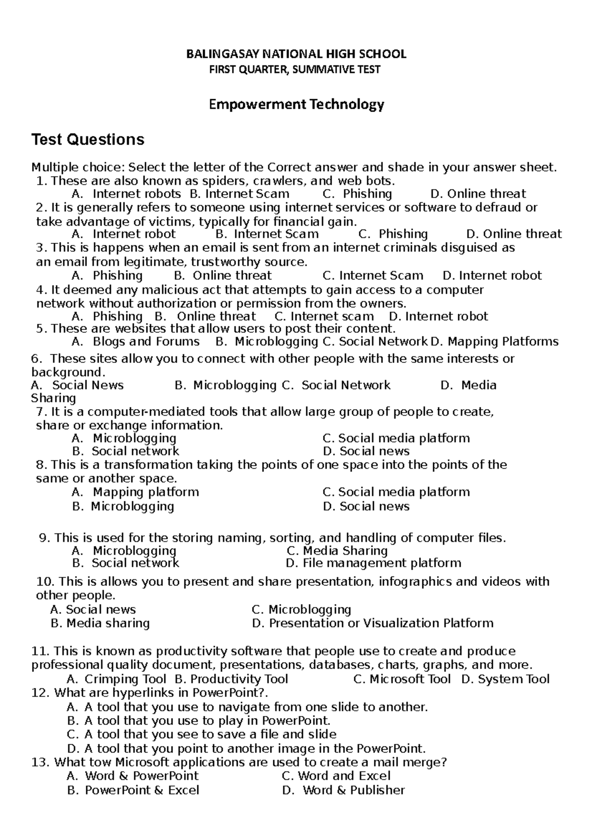 Summative Test Grade 11 Emp Tech 1st Qtr BALINGASAY NATIONAL HIGH