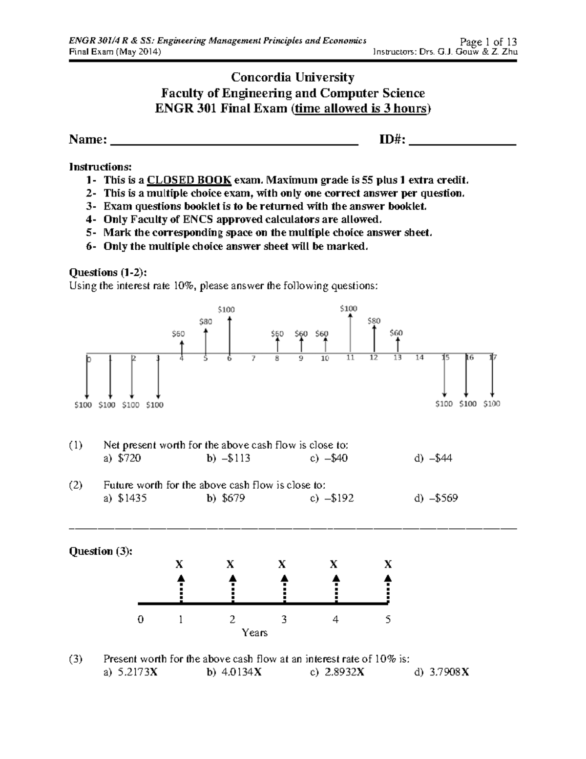 Sample Final 301 - ENGR 30 1 Final Exam Name: Instructi 1- T 2- T 3- E ...
