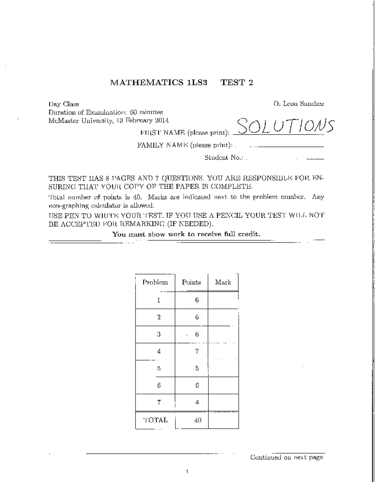 MATH 1LS3 Test 2 Solutions - MATHEMATICS 1LS3 TEST 2 0. Leon Sanchez ...