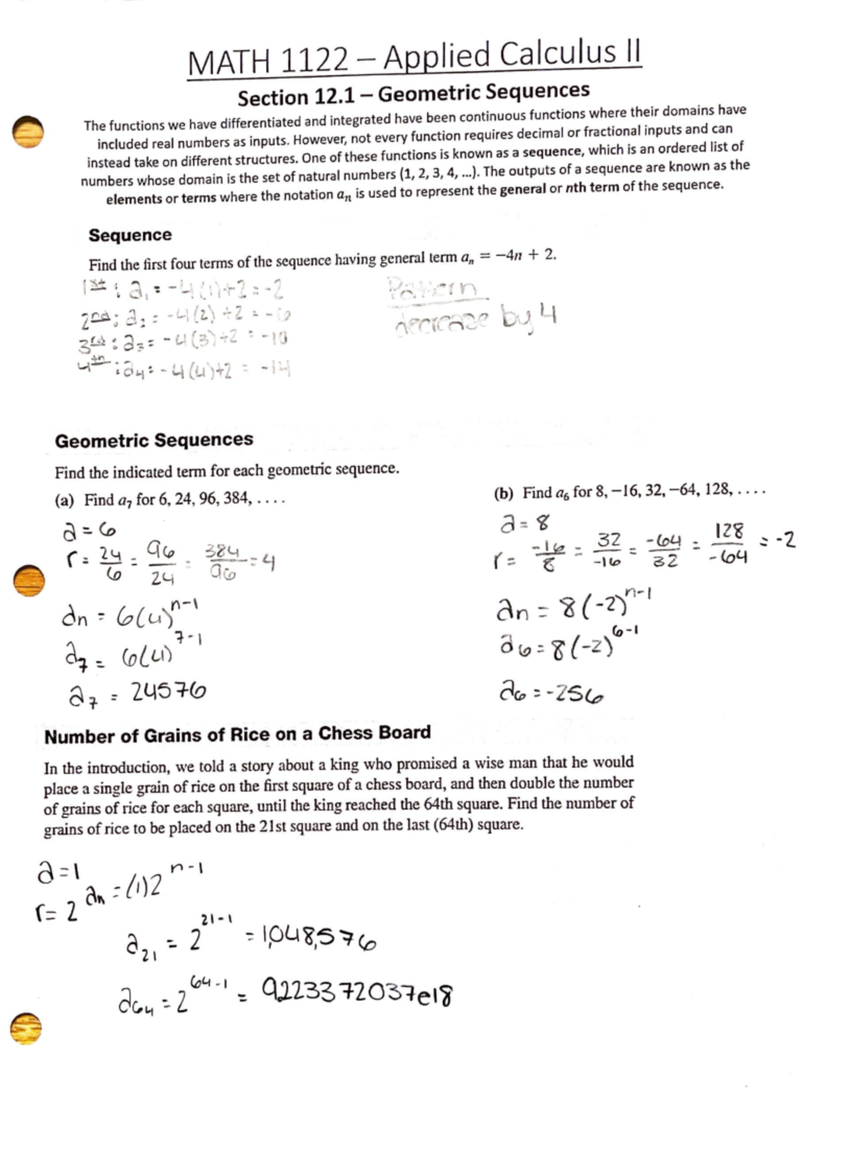 section 12.1 - Geometric sequences - 0 MATH 1122 -Applied Calculus II ...