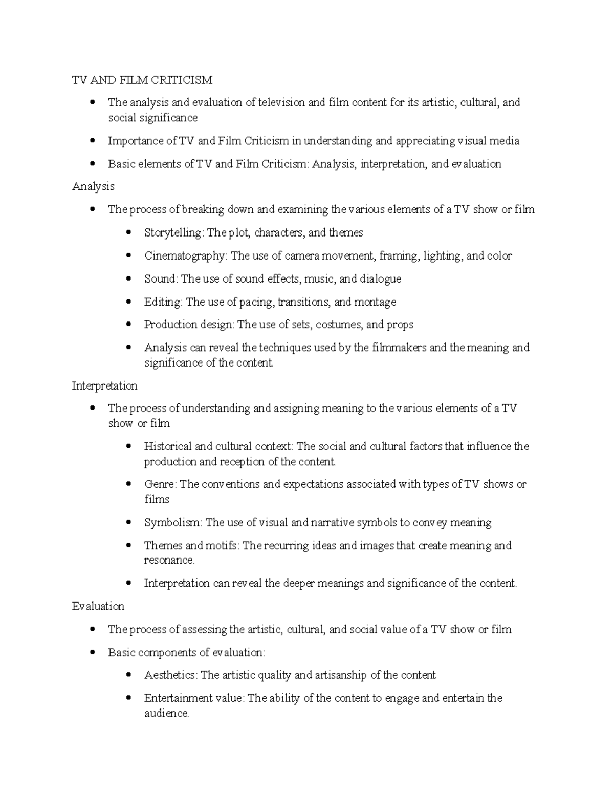 TV AND FILM Criticism Notes 1 - TV AND FILM CRITICISM The analysis and ...