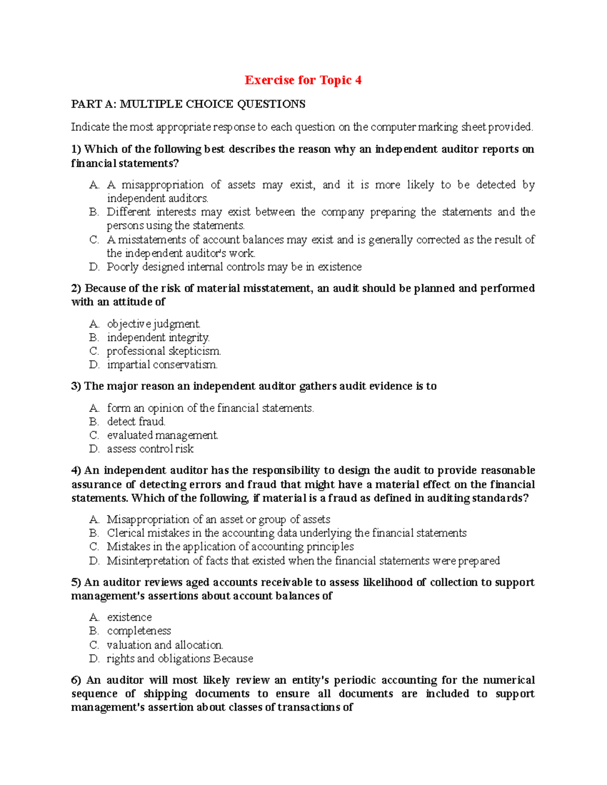 Exercise for Topic 4 - KIỂM TOÁN CĂN BẢN - Exercise for Topic 4 PART A ...