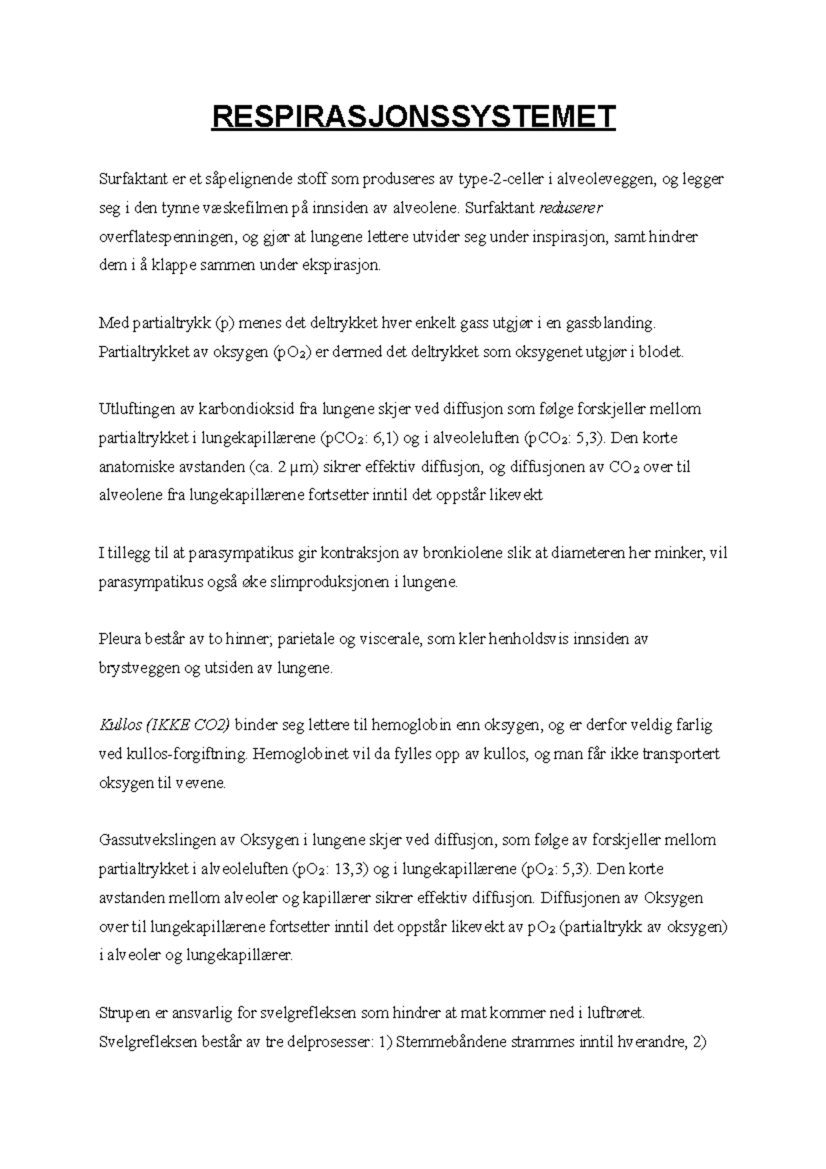 Notater respirasjonssystemet, anatomi, fysiologi og biokjemi ...