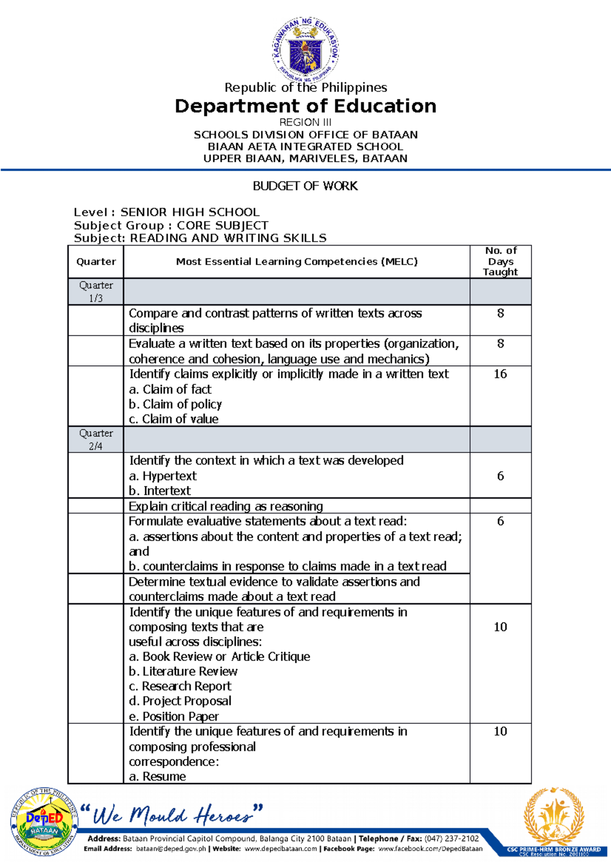 RWS - Budget of Work - Republic of the Philippines Department of ...